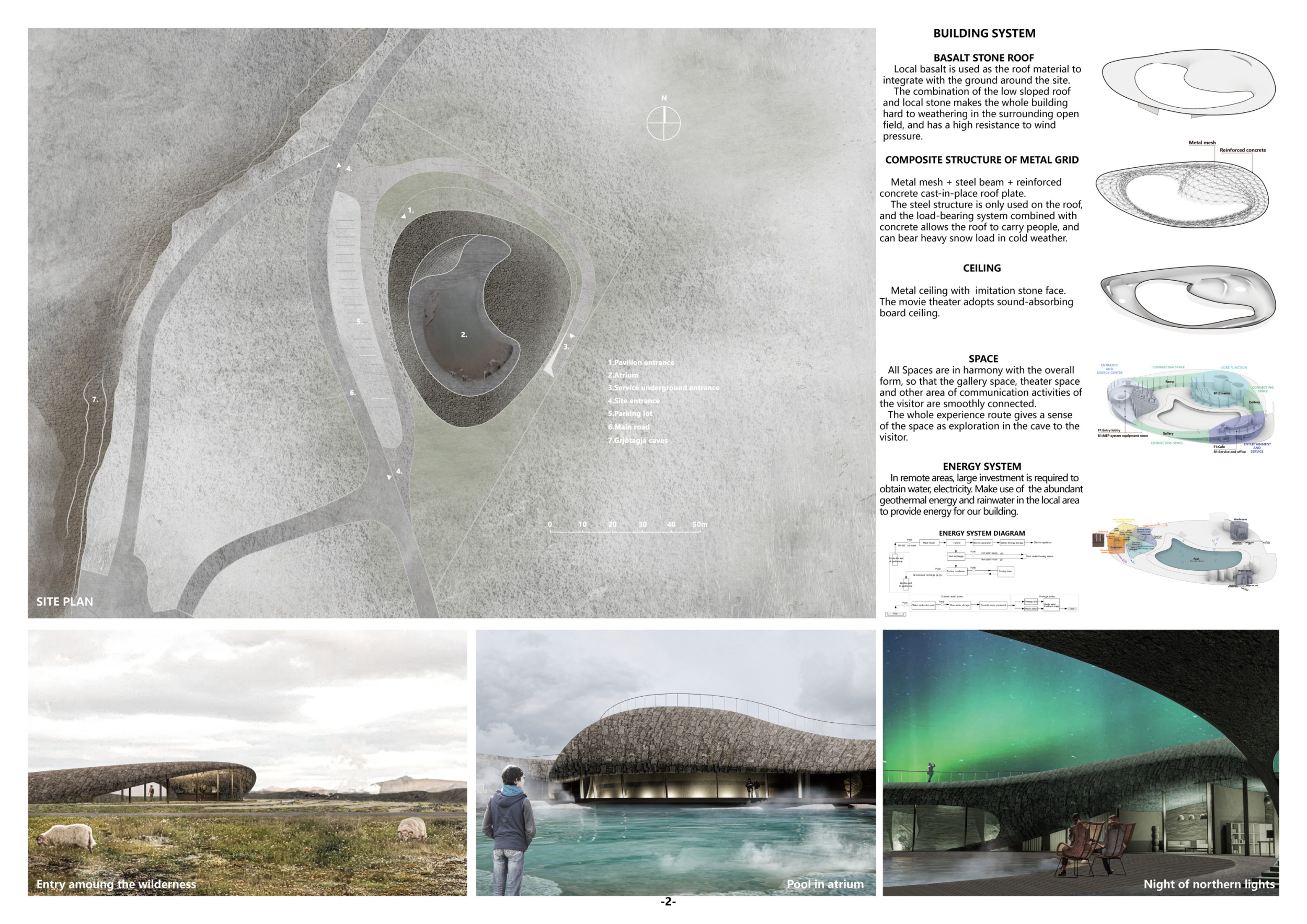 Architecture project // Basalt Reflections: a Geothermal Cinema Embracing Tectonic Landscapes
