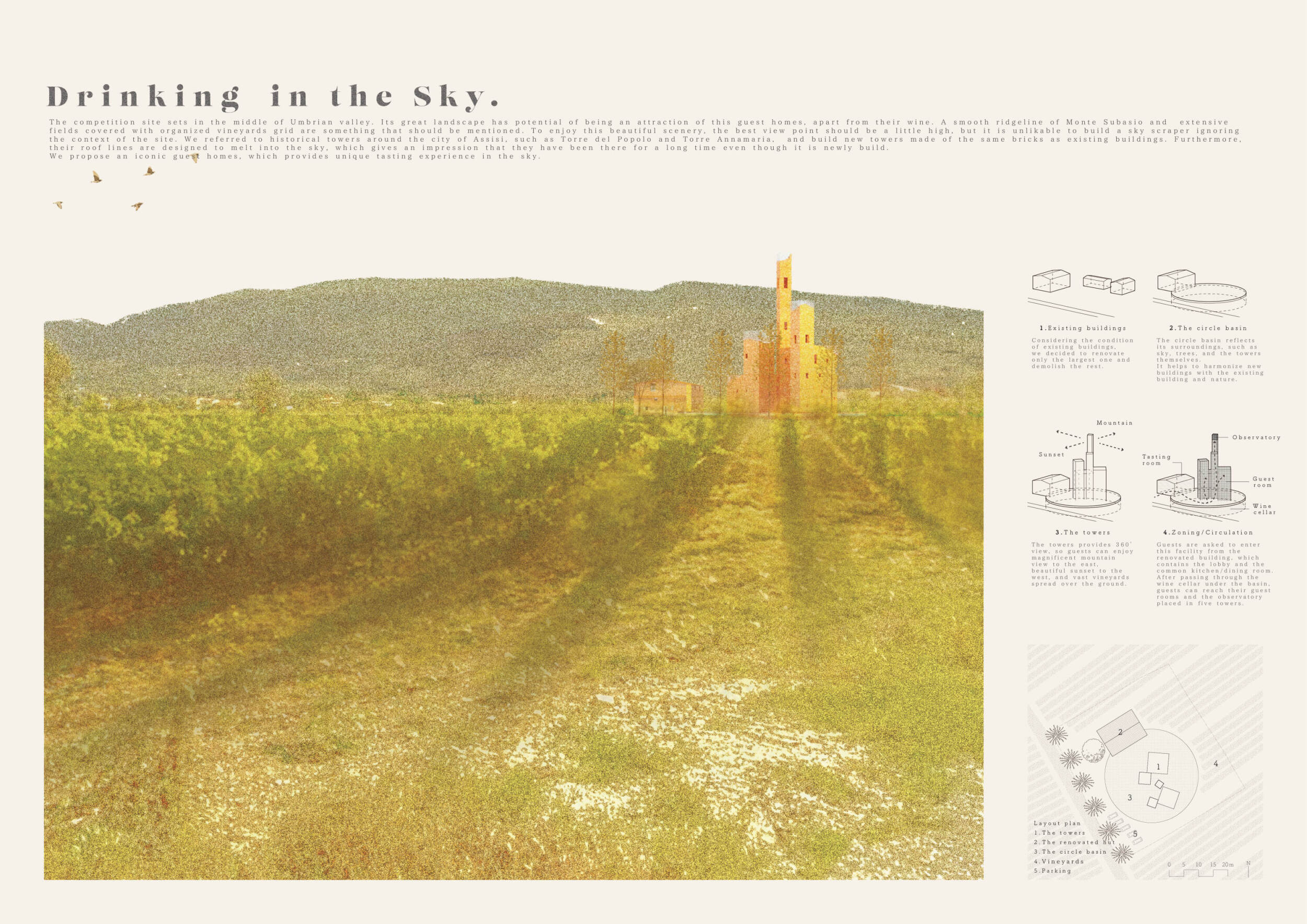 Architecture project // Reflective Basin and Brick Towers for Vineyard ...