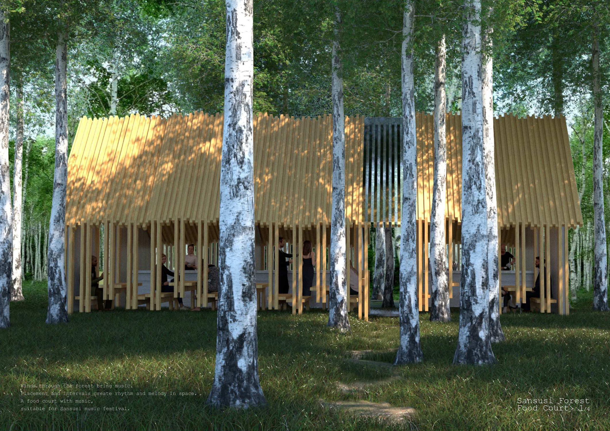 Architecture project // Rhythmic Spaces of Birch and Glass in Forest Dining