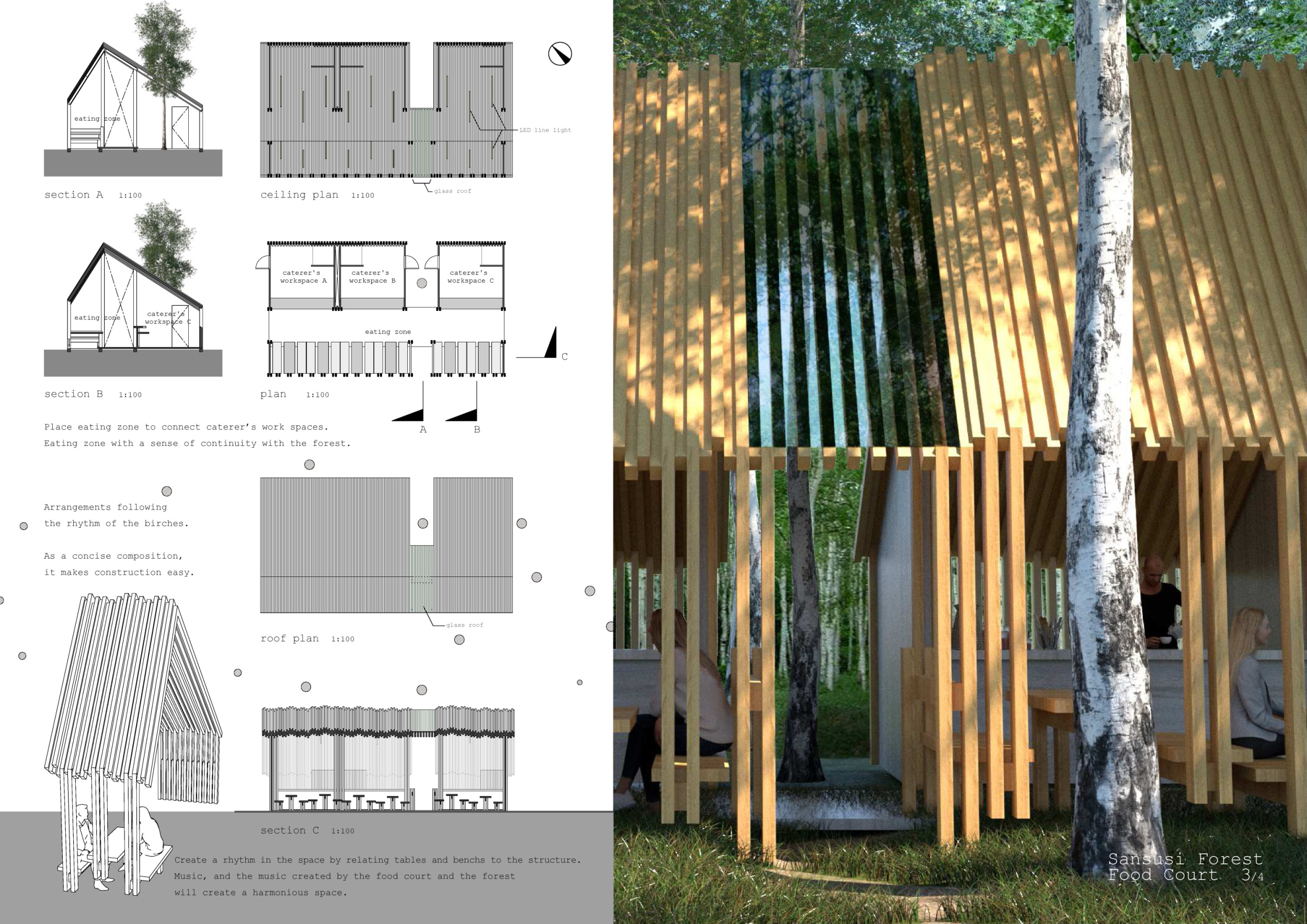 Architecture project // Rhythmic Spaces of Birch and Glass in Forest Dining
