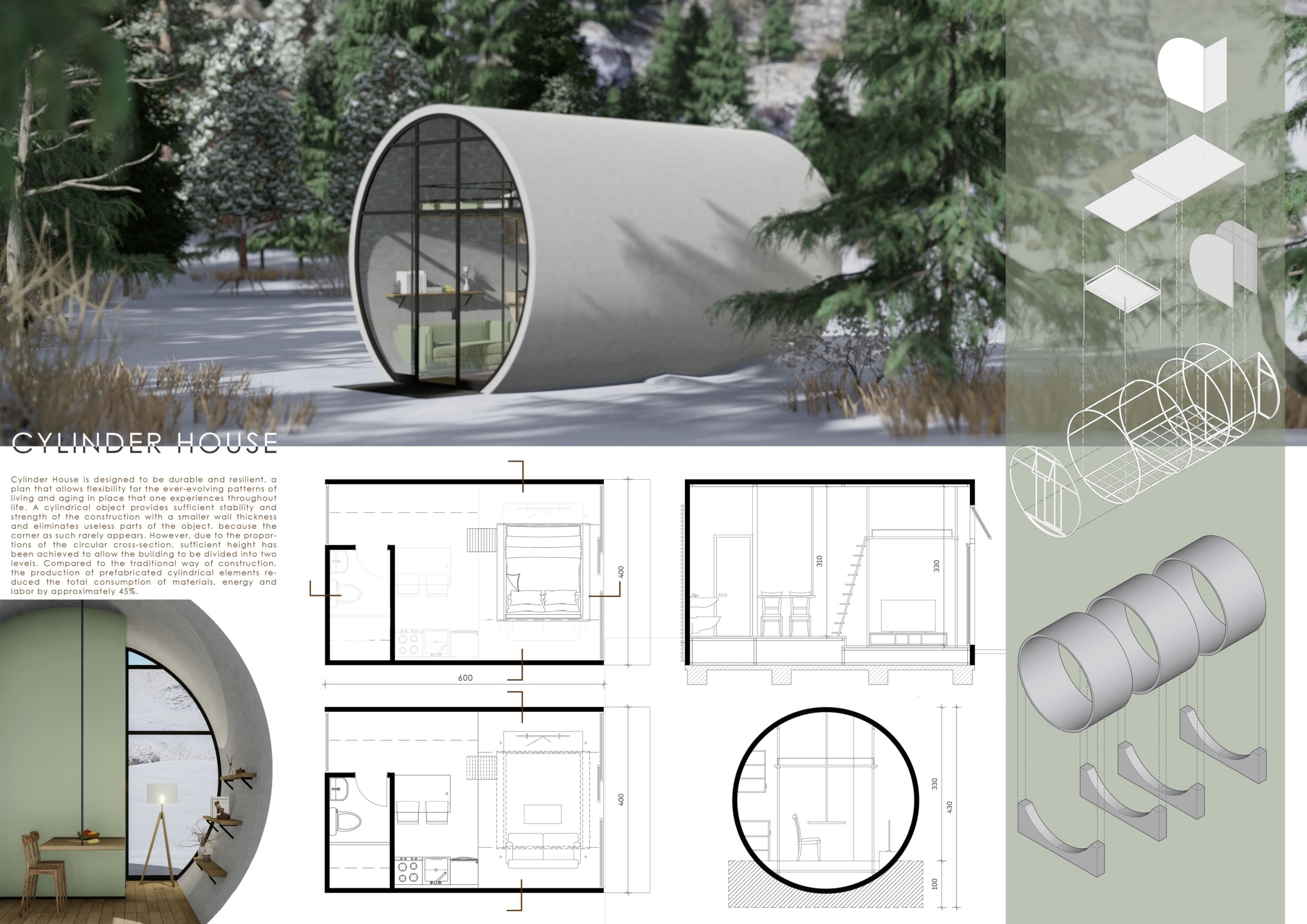 Architecture project // Cylindrical Living Space Emphasizing Material ...