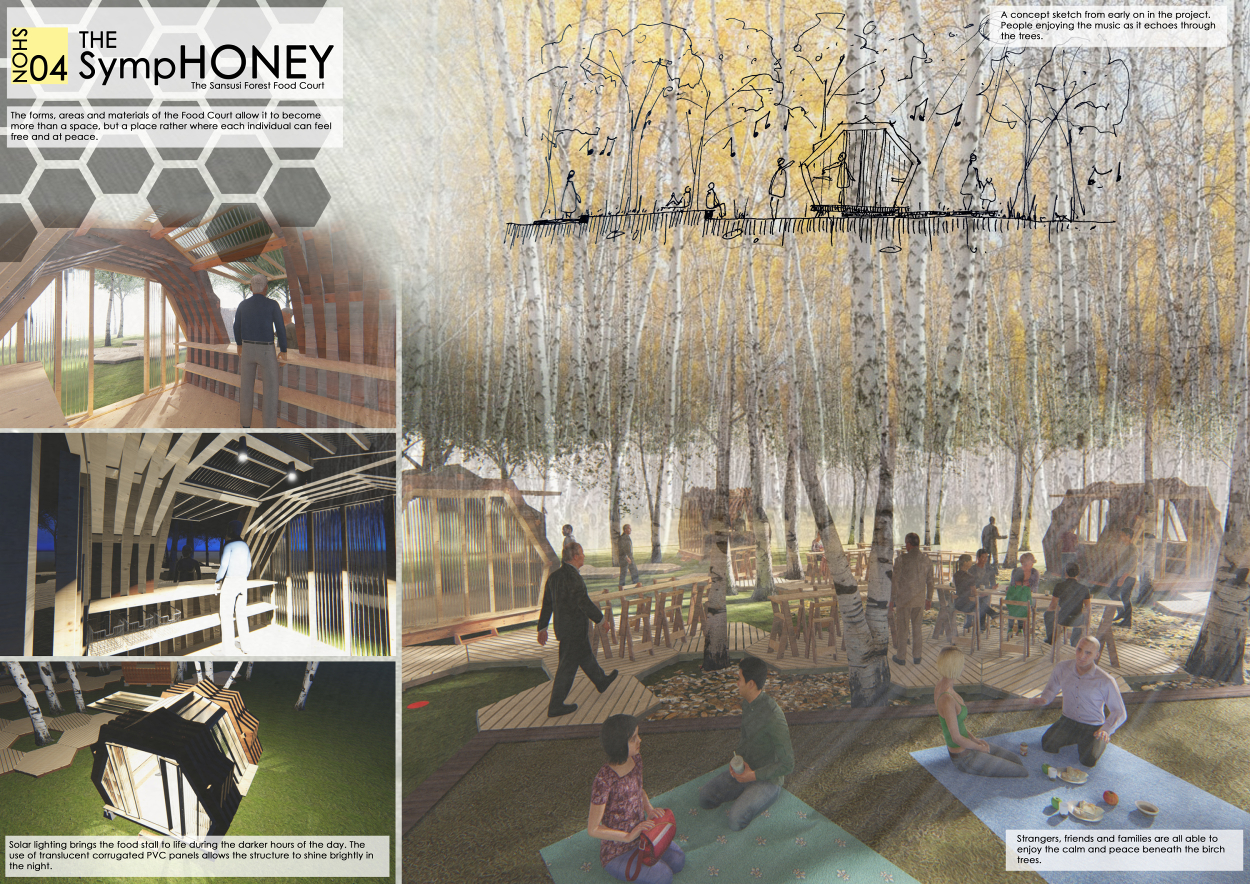 Architecture project // Hexagonal Food Stalls Beneath Birch Trees with ...