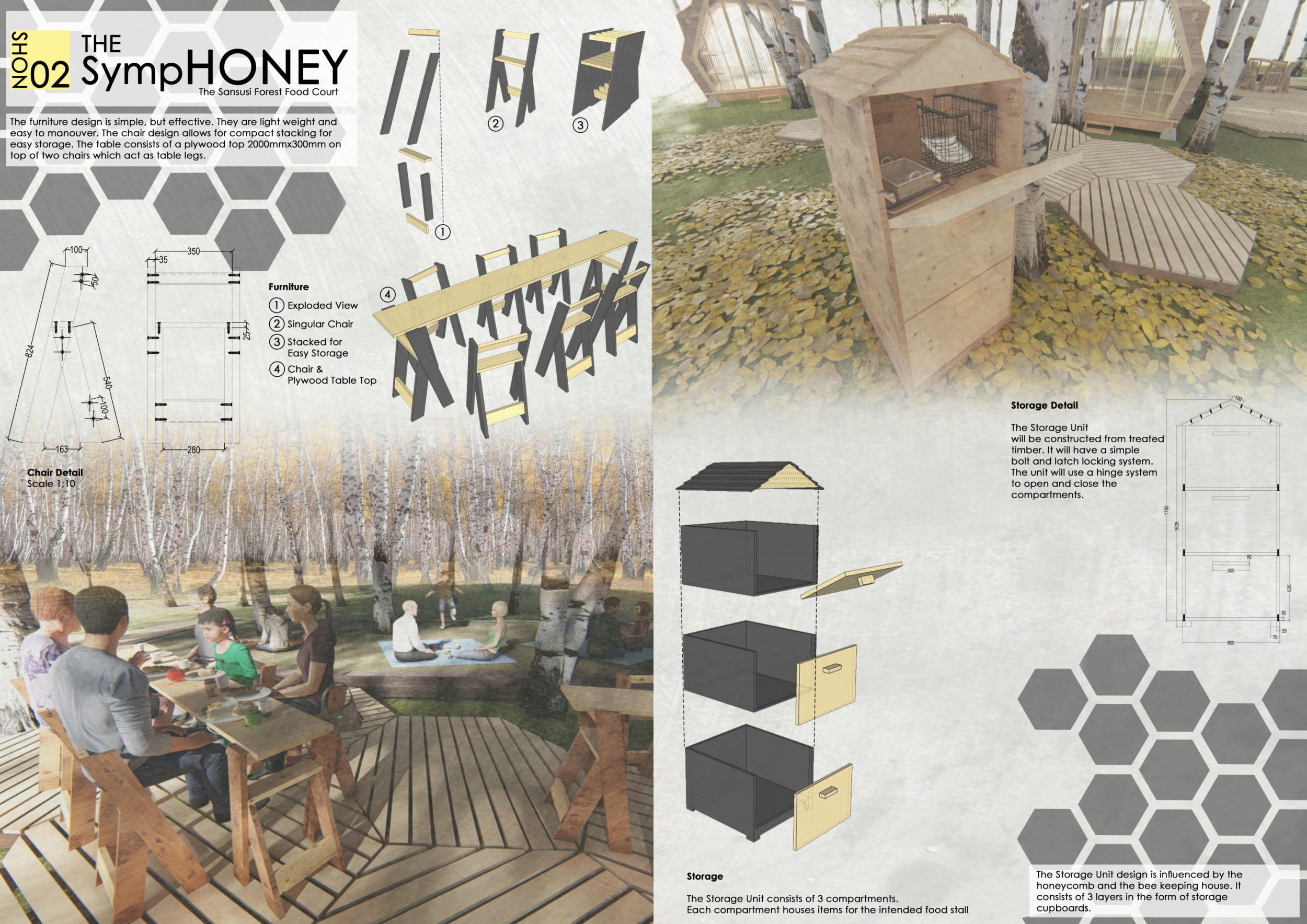 Architecture project // Hexagonal Food Stalls Beneath Birch Trees with ...