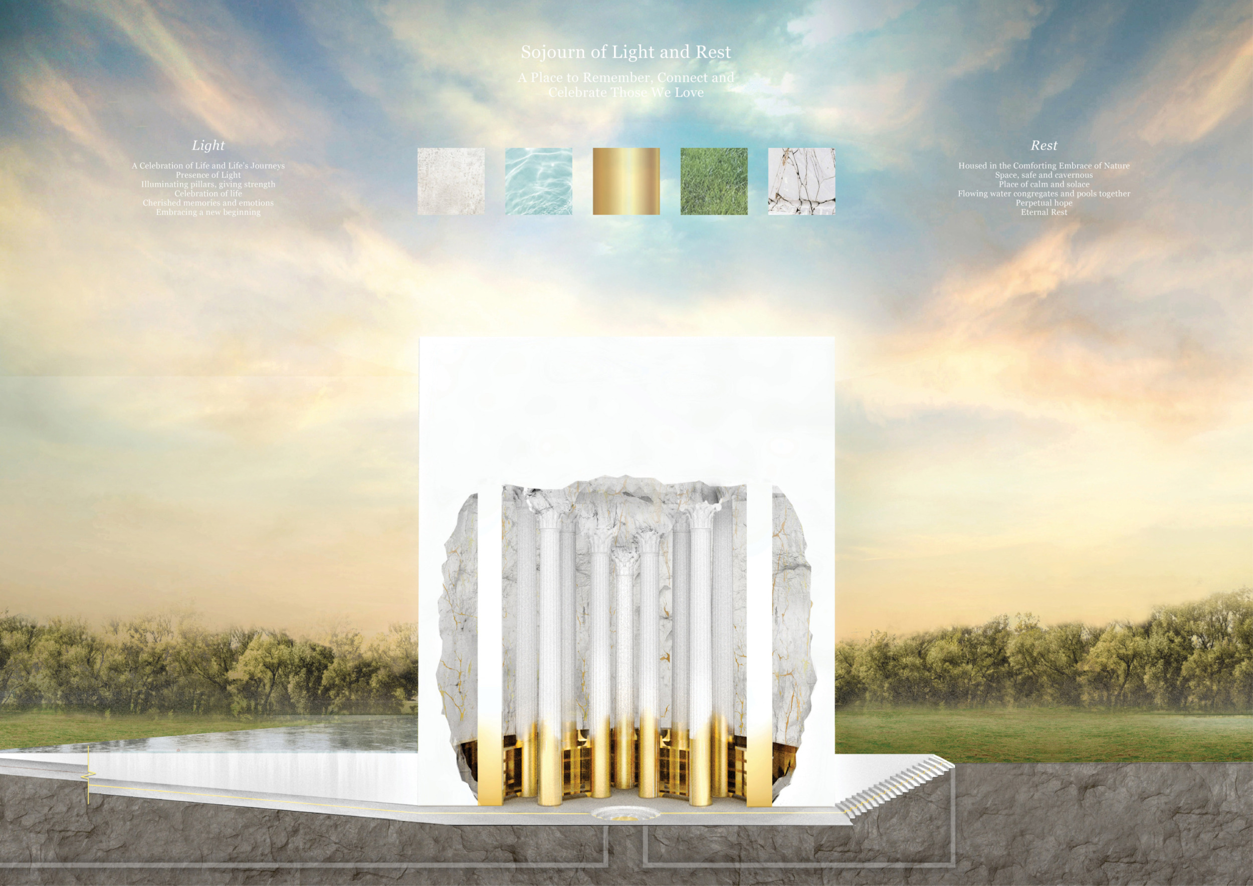 Architecture project // Gilded Niches and Flowing Water in a Serene ...