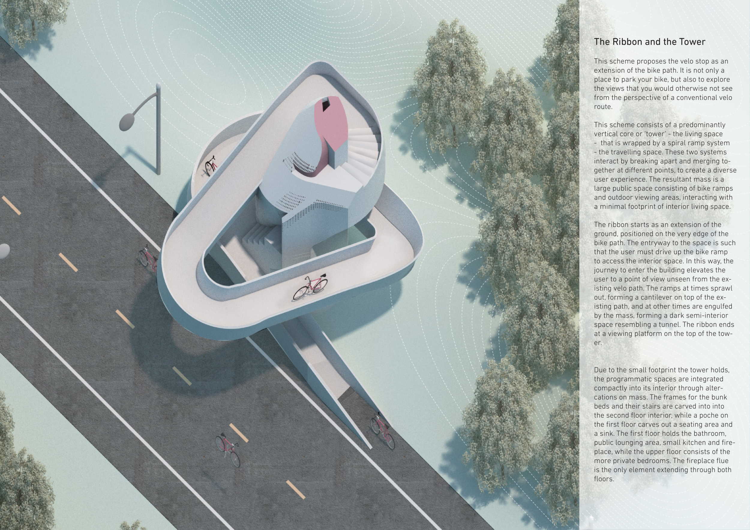 Architecture project // Elevated Views from a Spiral Ramp over Urban Paths