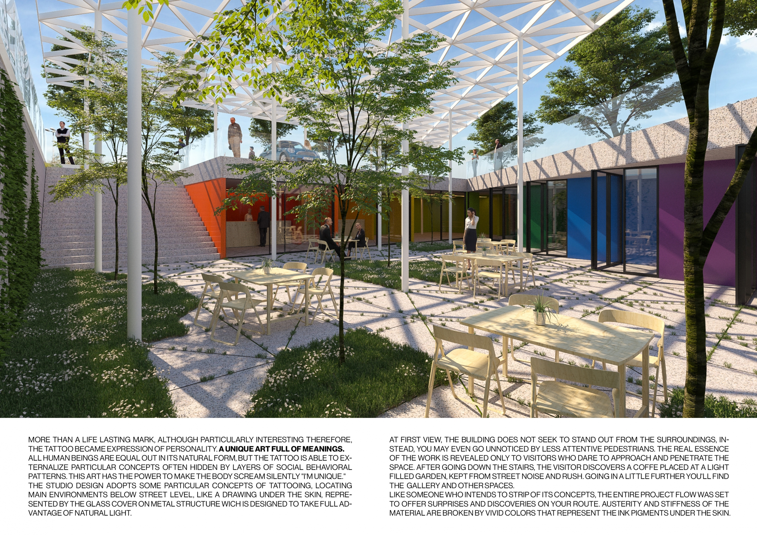 Architecture project // Lattice Steel Framework and Vibrant Color Panels in Below-Grade ...