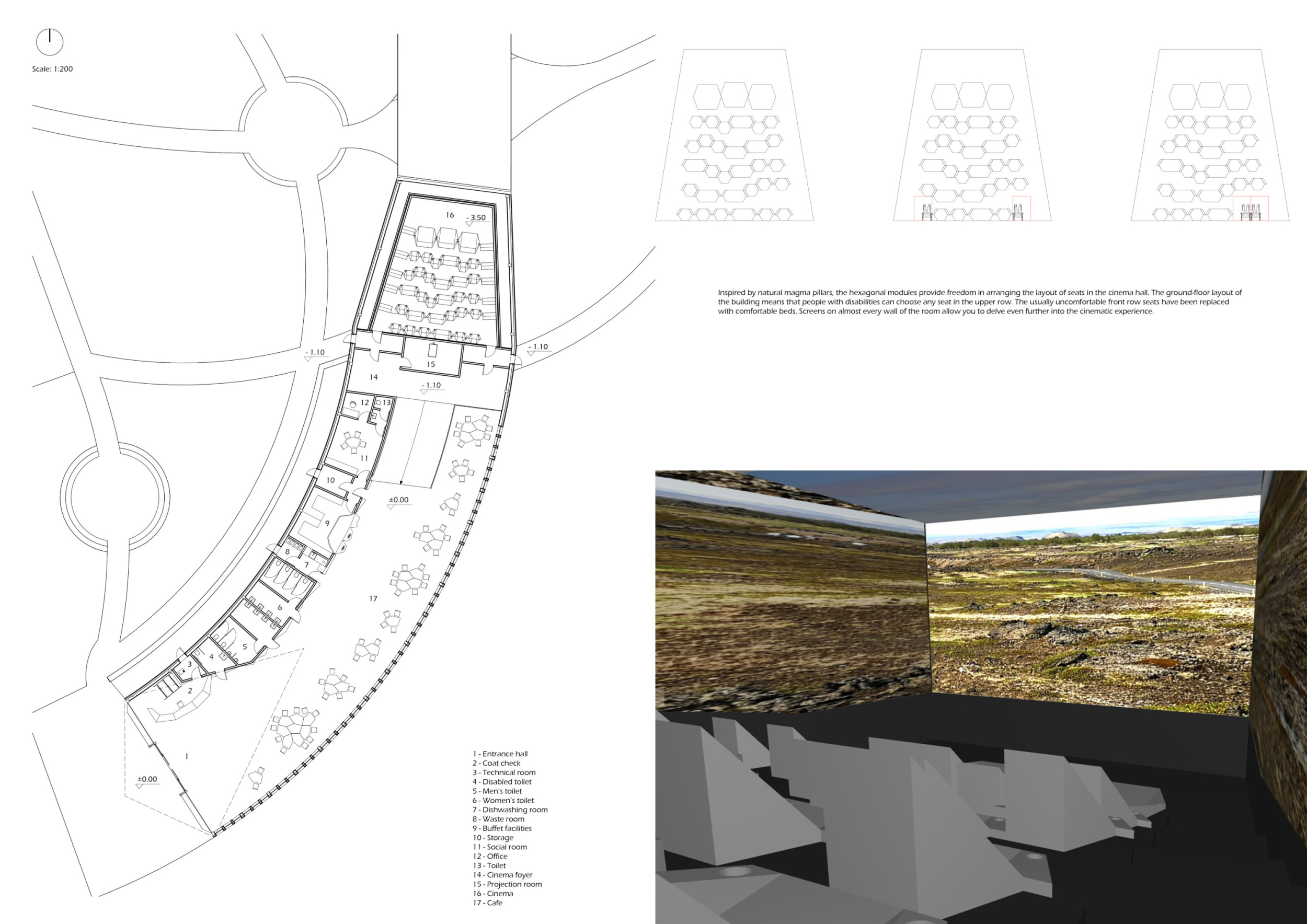 Architecture project // Hexagonal Cinema with Green Gable Roof and ...