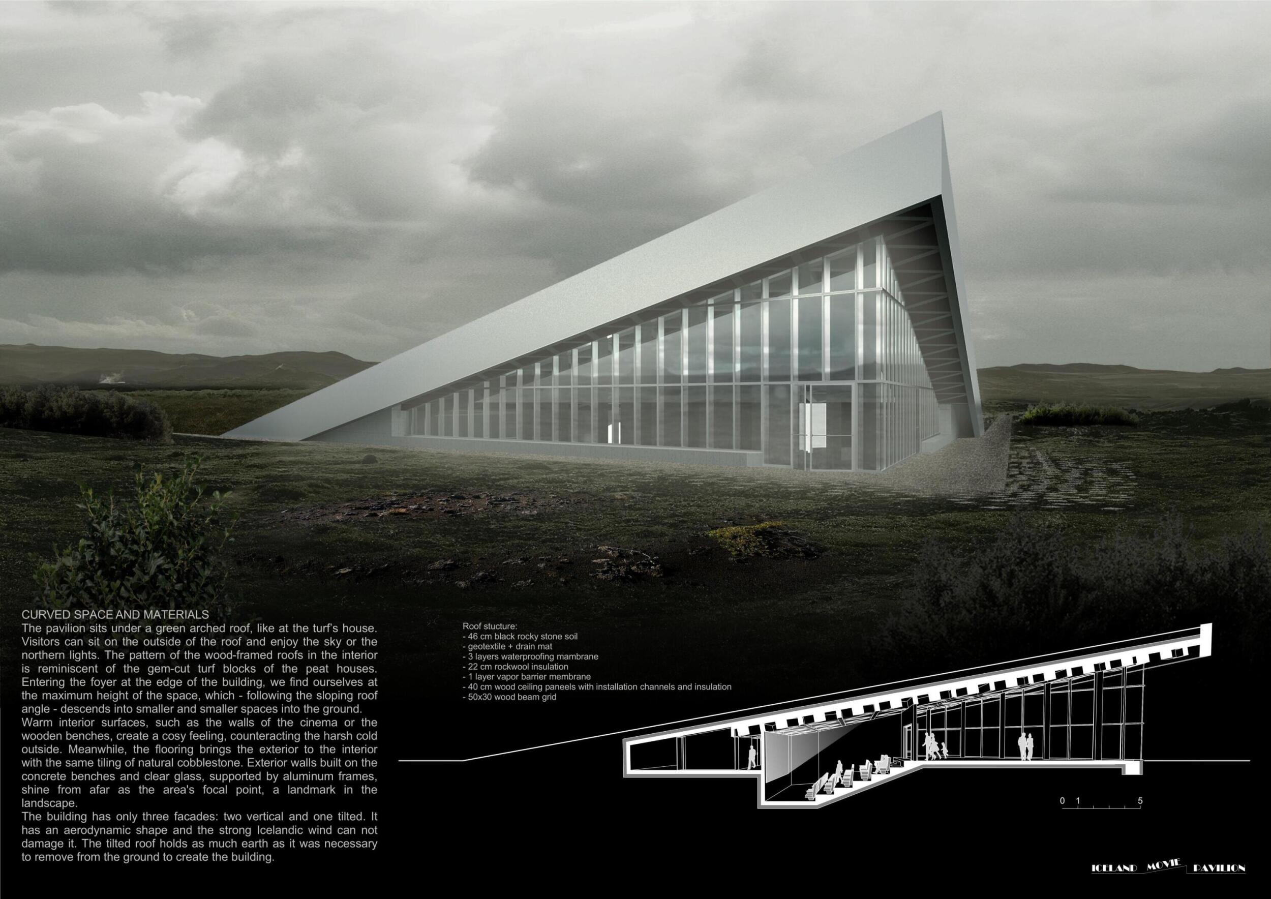Architecture project // Green Roof Pavilion with Concrete Benches ...