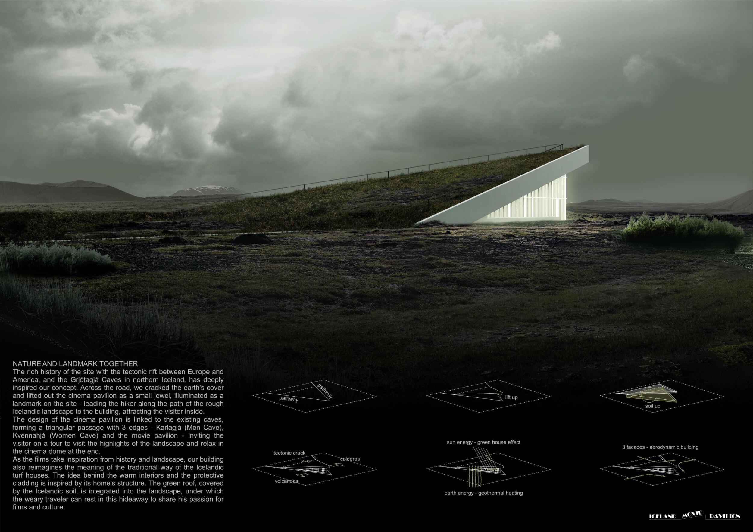 Architecture project // Green Roof Pavilion with Concrete Benches ...