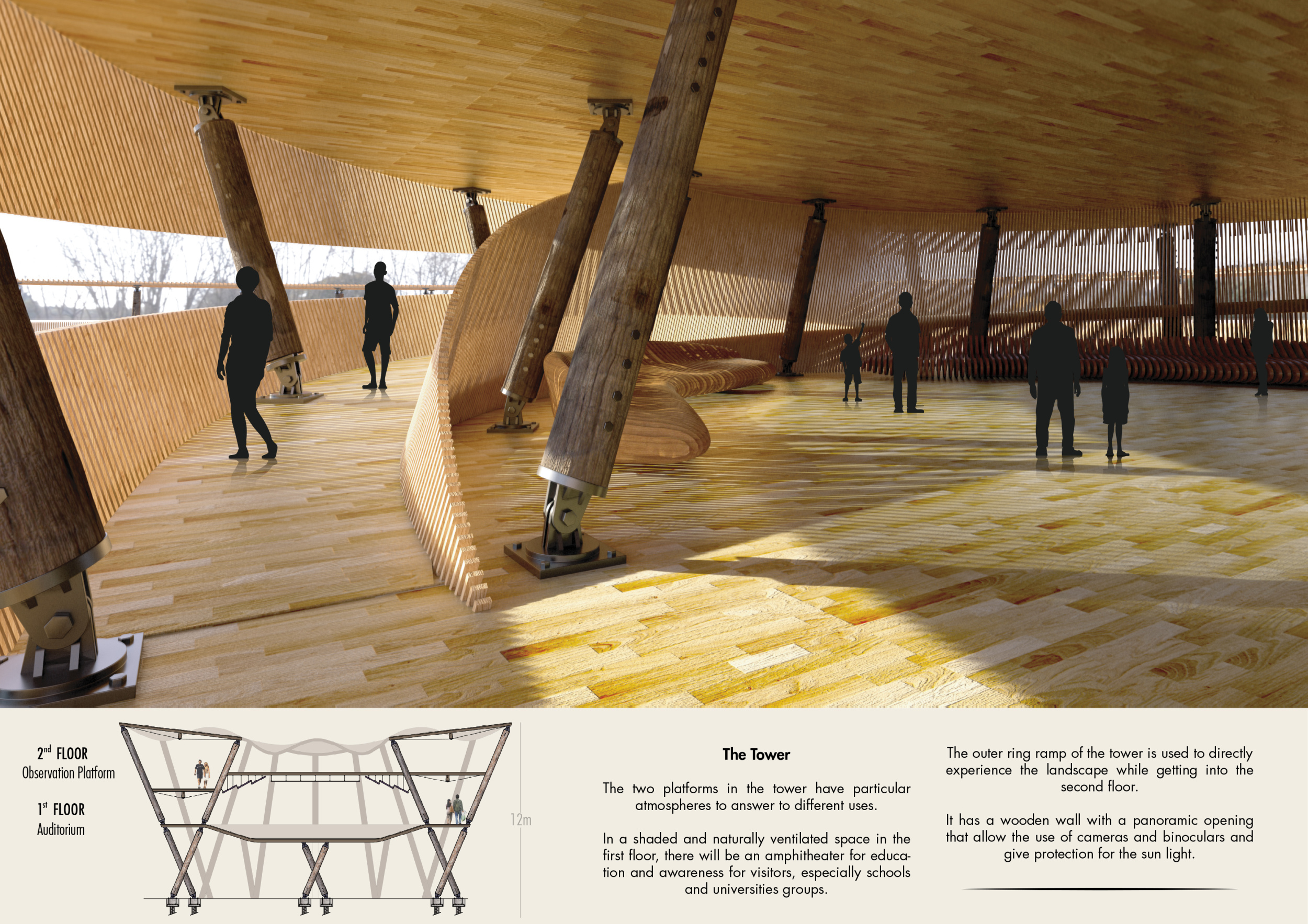 Architecture project // Panoramic Observation Tower with Wooden Pillars ...
