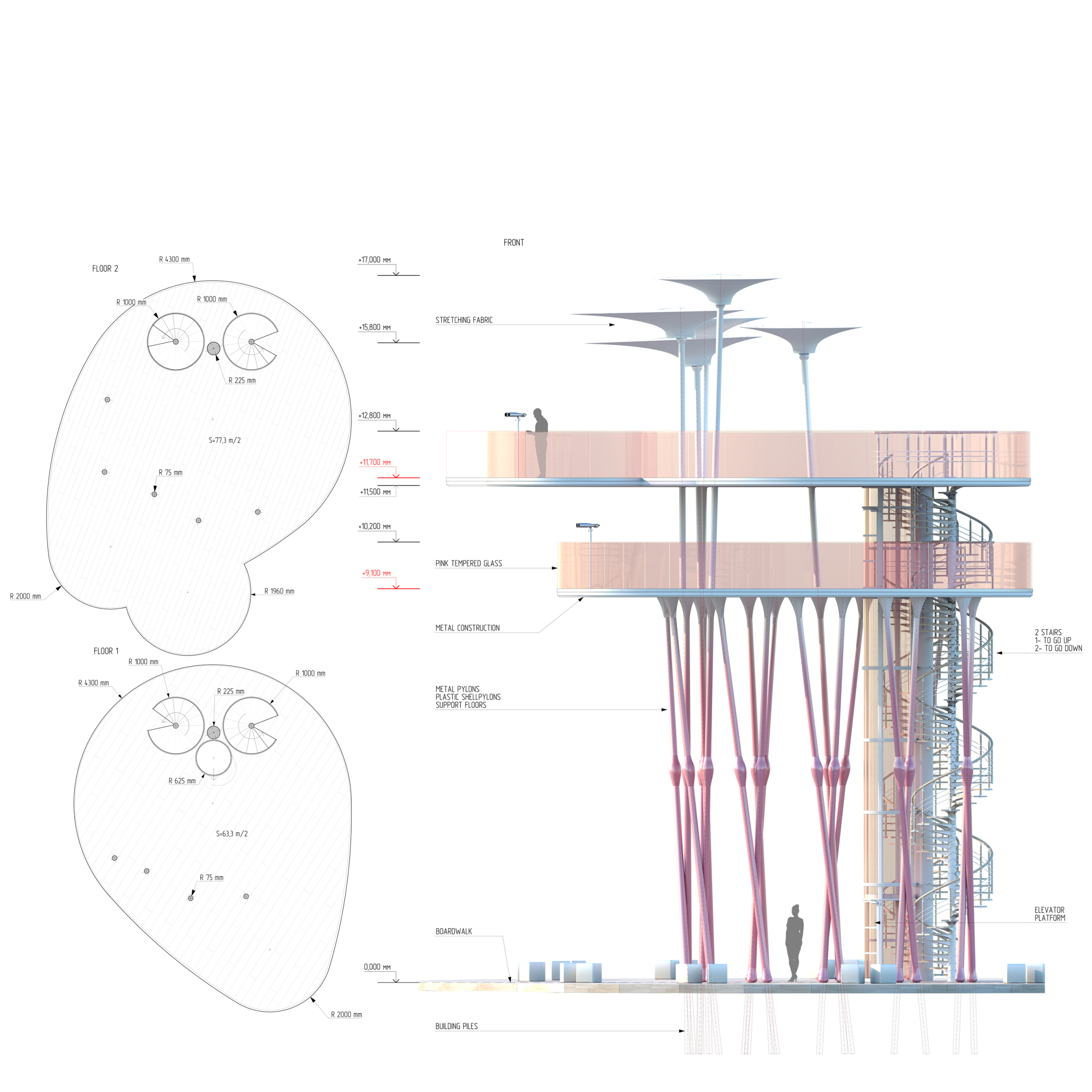 Architecture project // Pink Glass Elevation with Pylons and Strategic ...