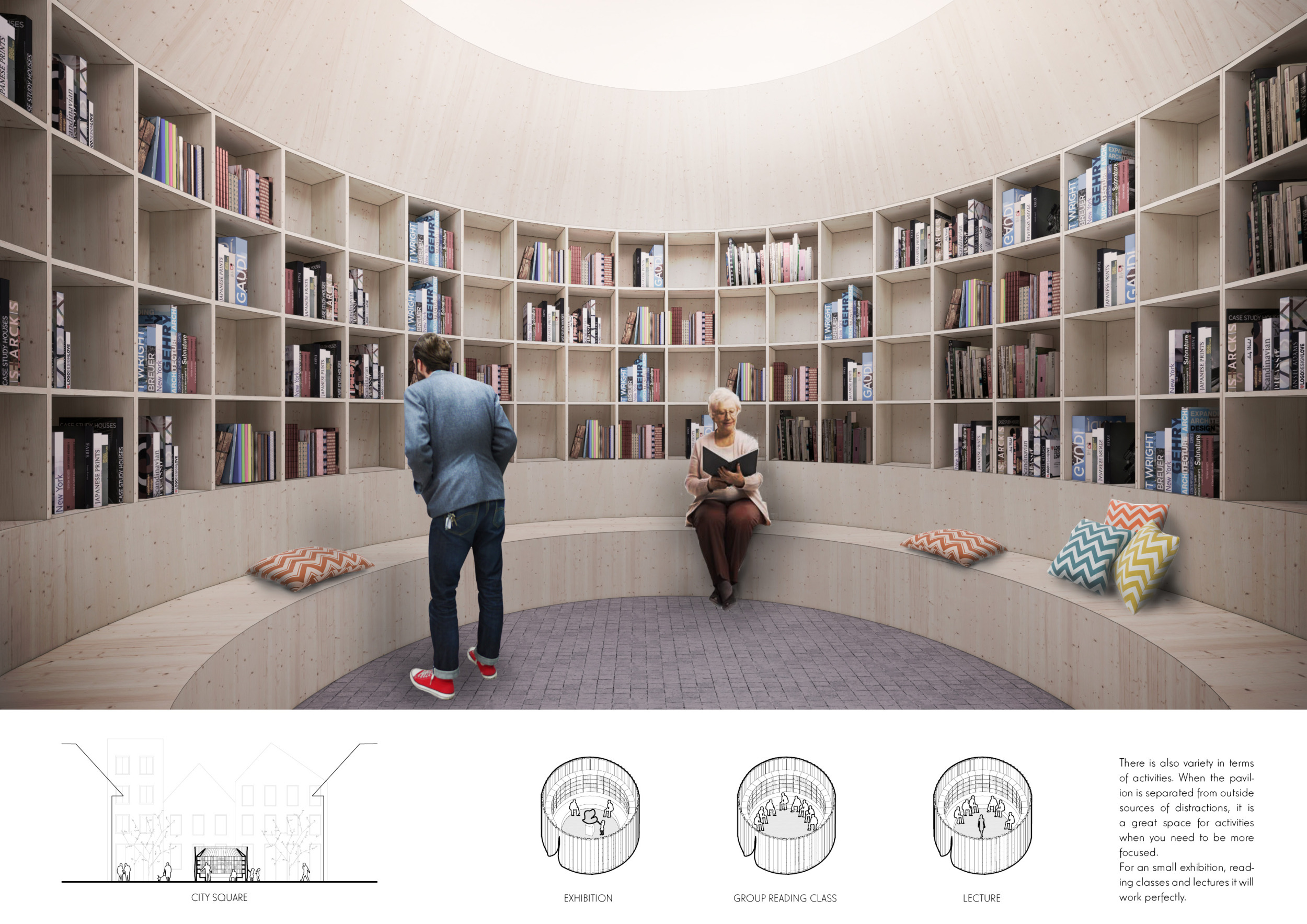 Architecture project // Fabric Curtain Pavilion with Circular Shelves ...