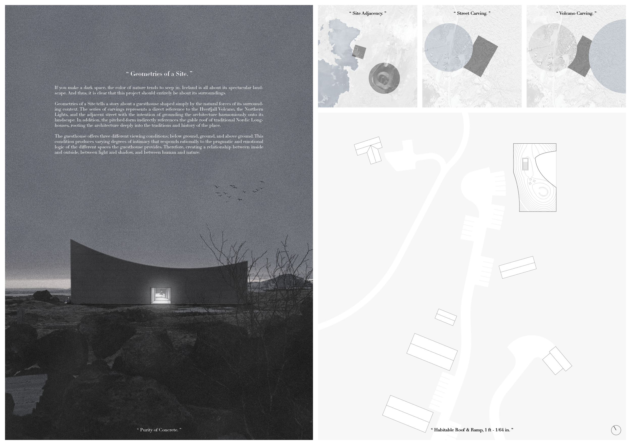 Architecture project // Grounded Concrete Form Embracing Views of Hverfjall