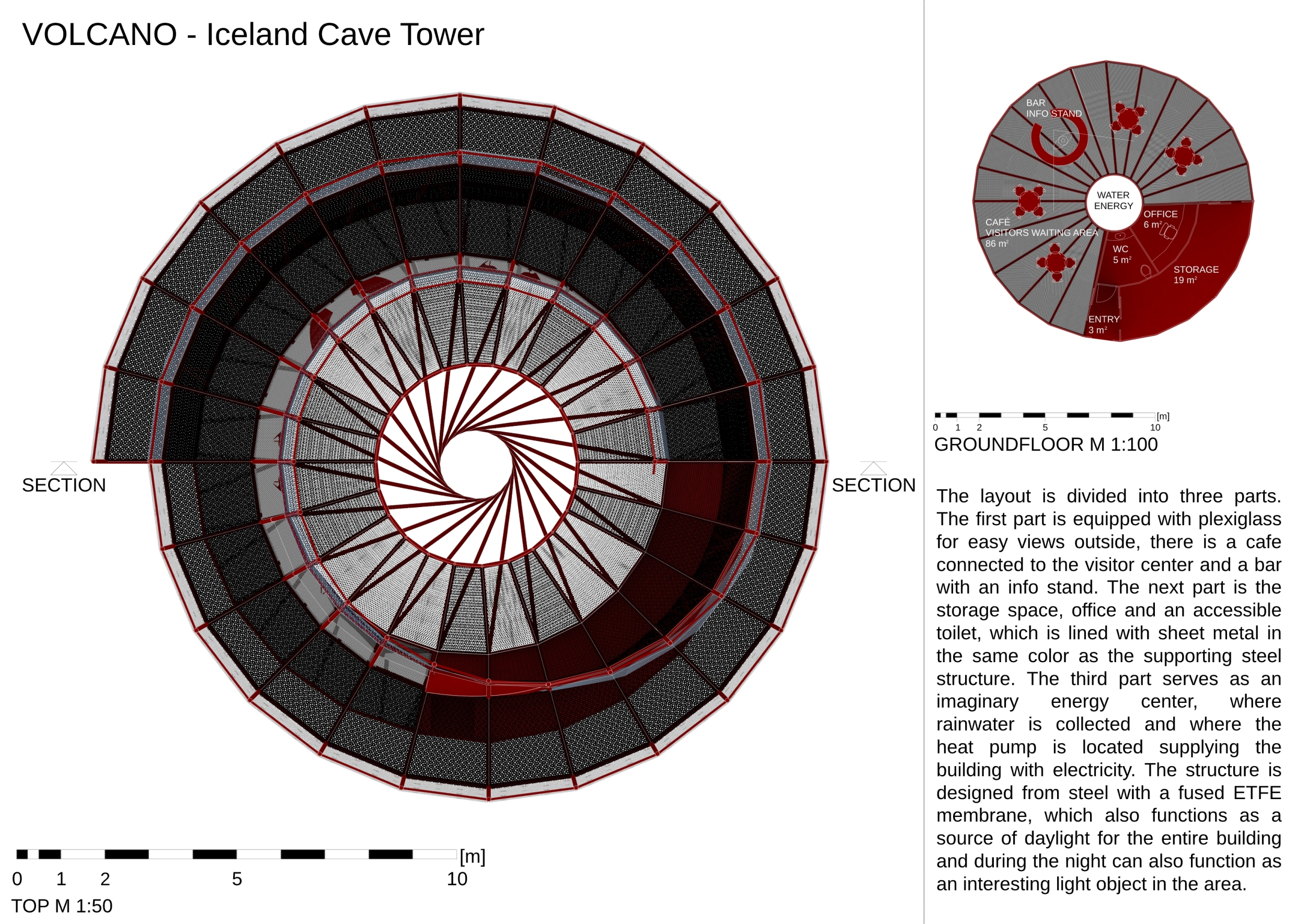 Architecture project // Hyperboloid Structure with Dark Red Steel and ...