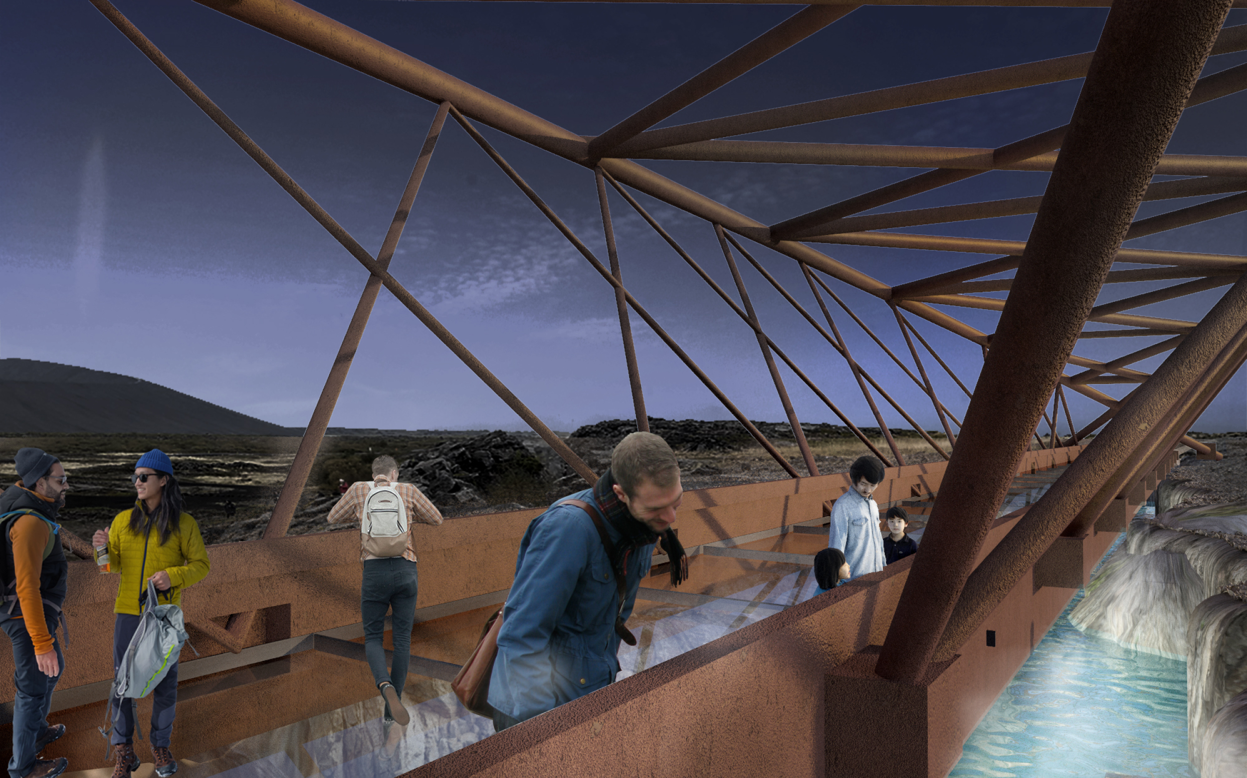 Architecture project // Weathering Steel Bridge over Tectonic Fault ...