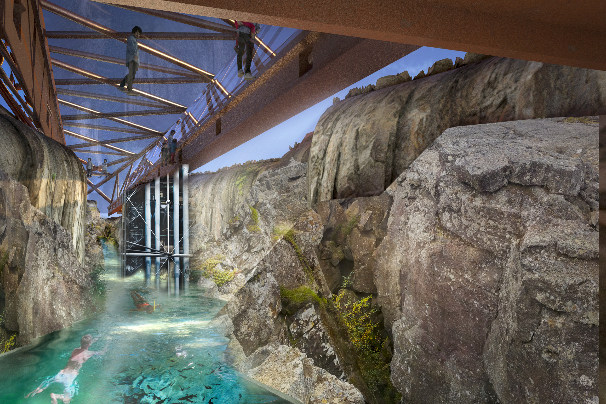 Architecture project // Weathering Steel Bridge over Tectonic Fault ...