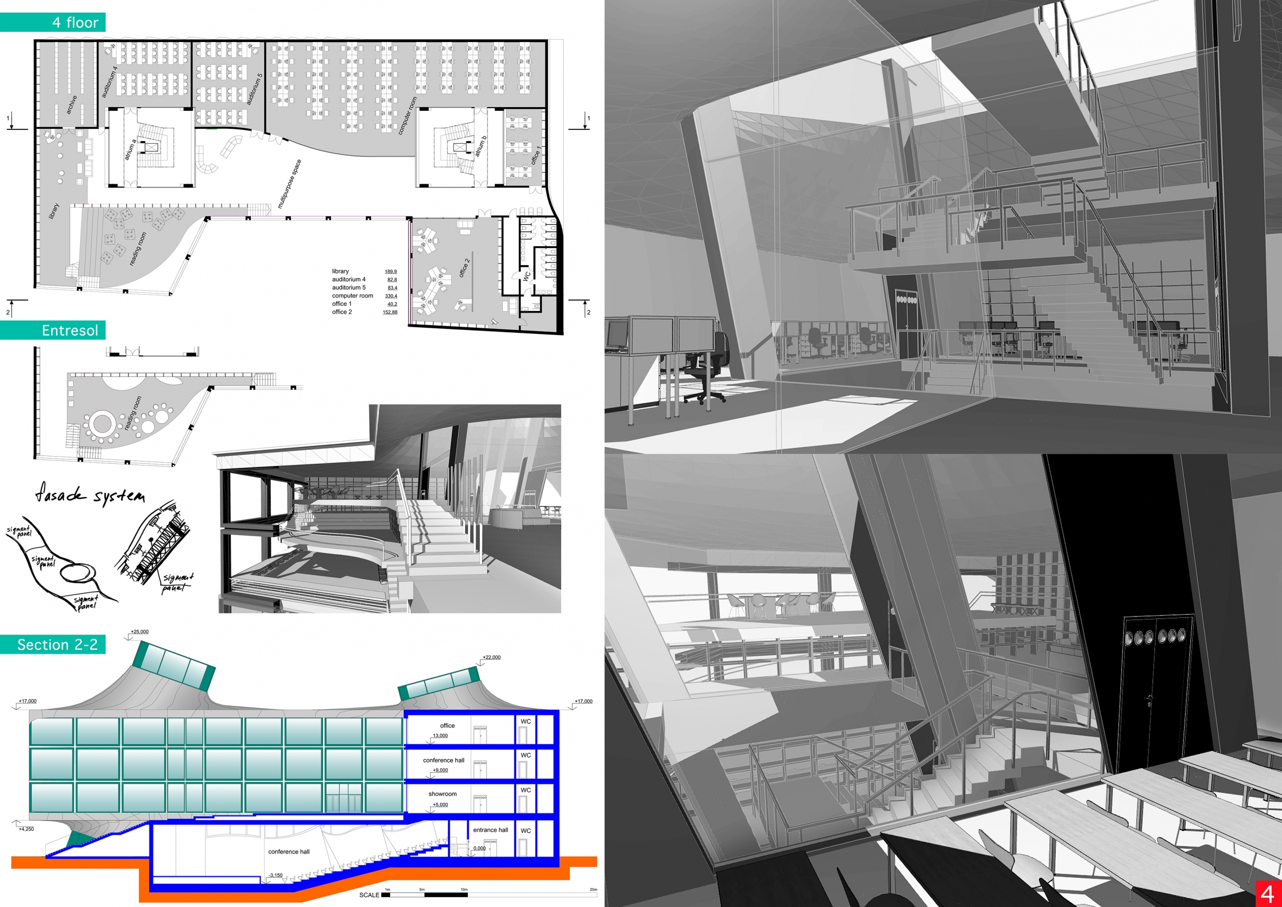 Architecture project // Fluid Glass Facade with Reflective Metal Panels ...
