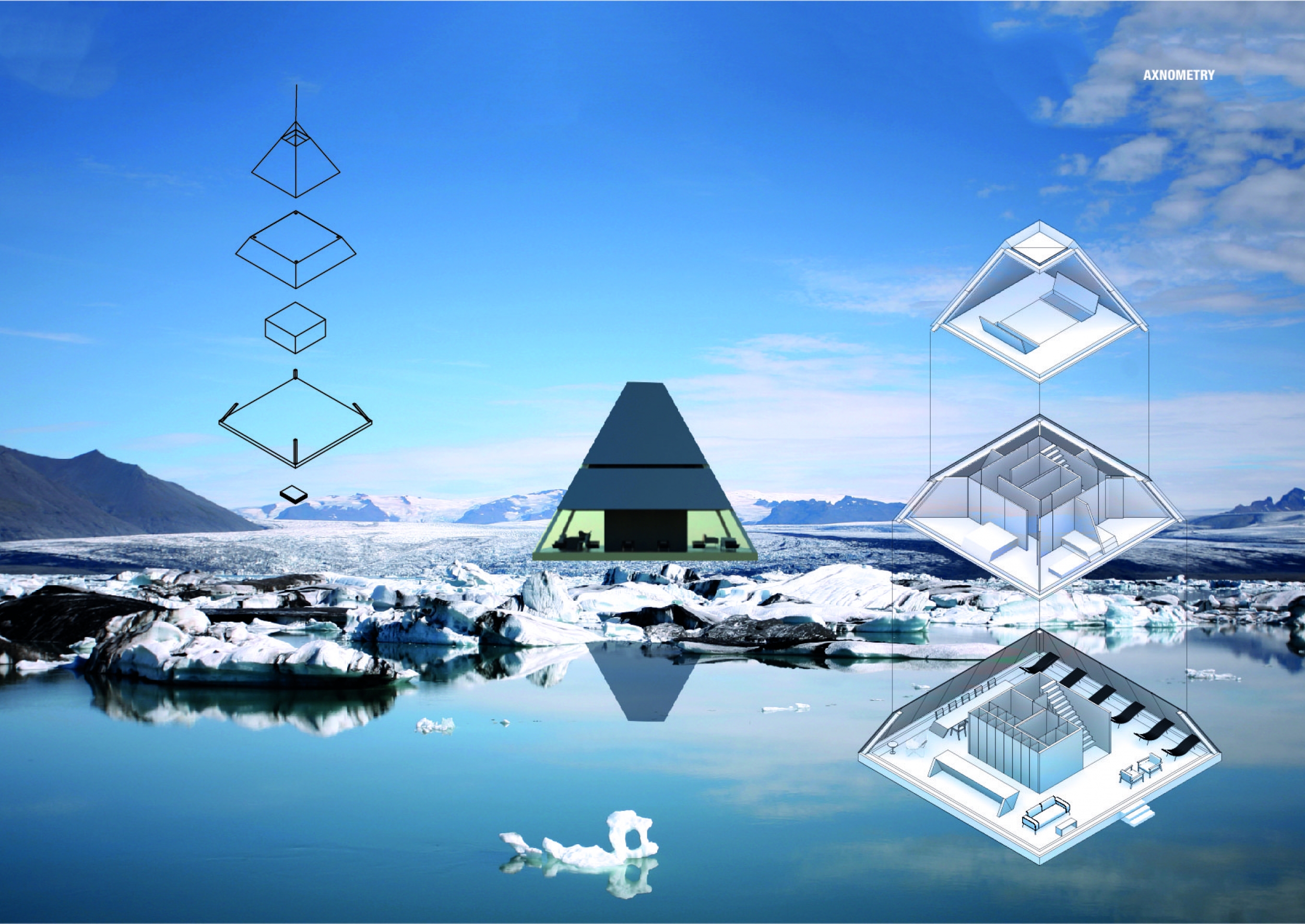 Architecture project // Pyramidal Form with Glass Facade and Reinforced ...