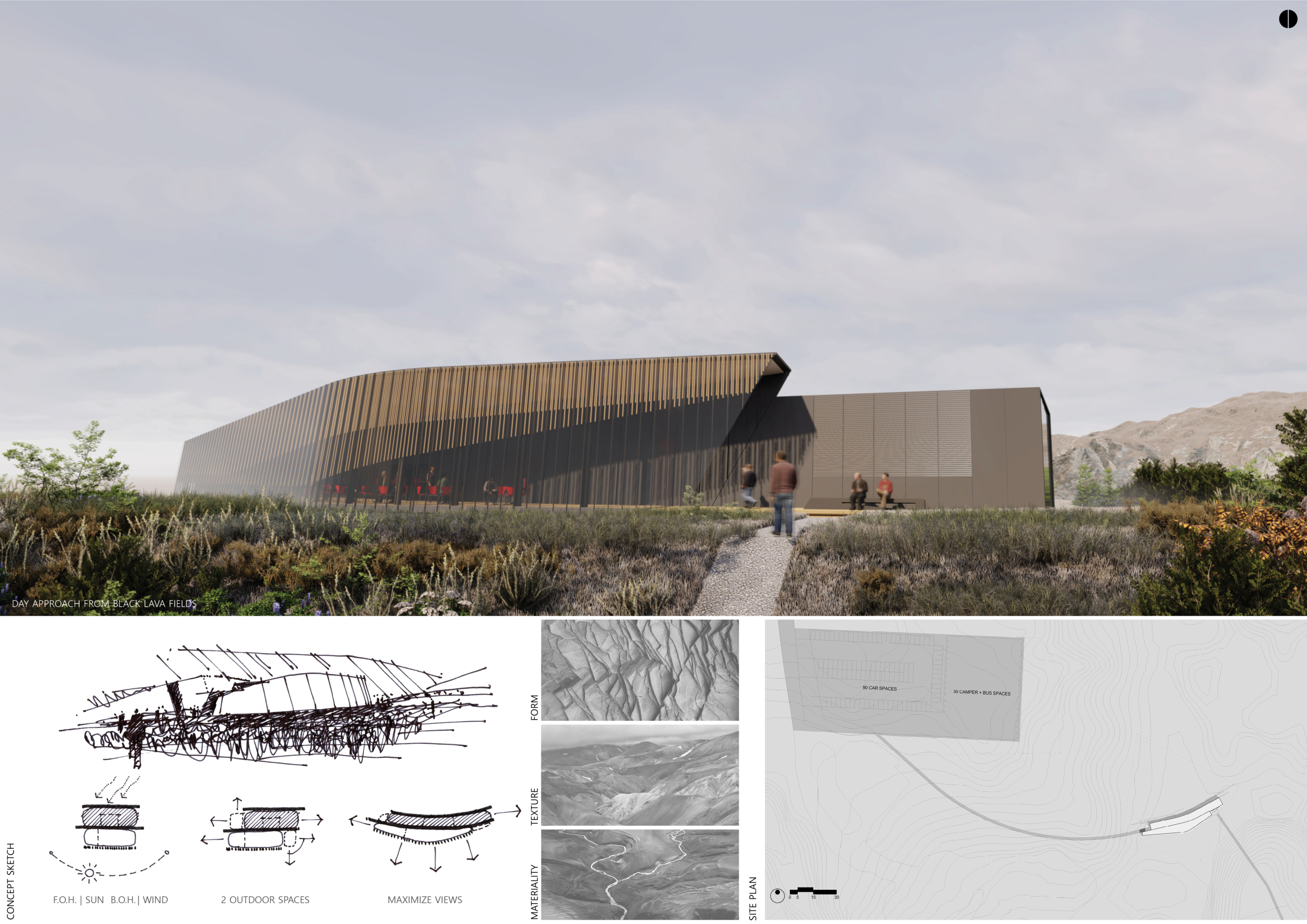 Architecture project // Pebble Prism Structure Embracing Black Lava Terrain