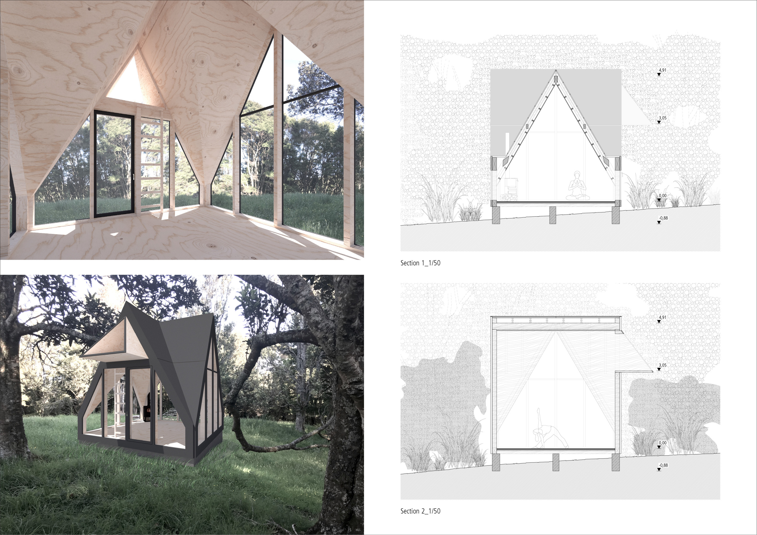 Architecture project // Symmetrical Wood Cabin with HPL Panel Roof and ...