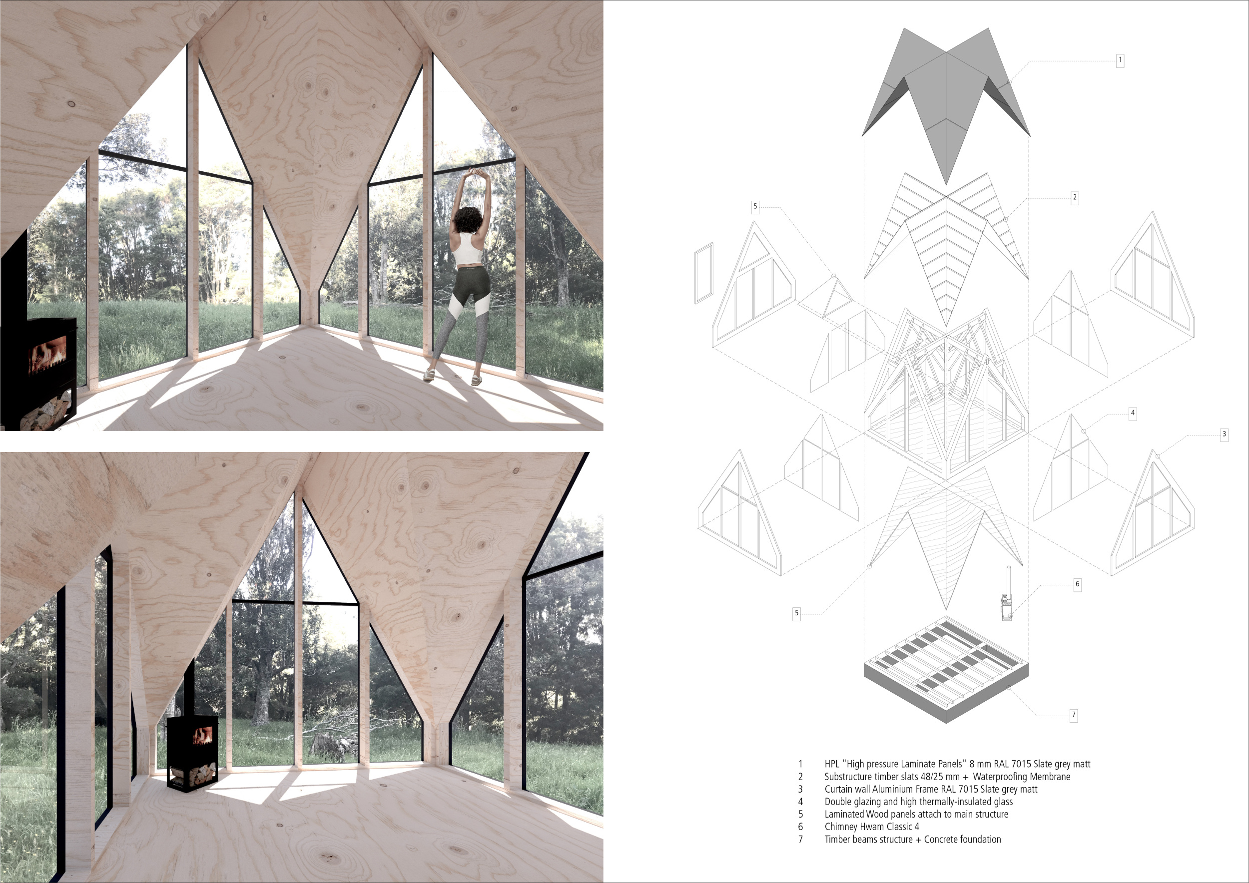 Architecture project // Symmetrical Wood Cabin with HPL Panel Roof and ...