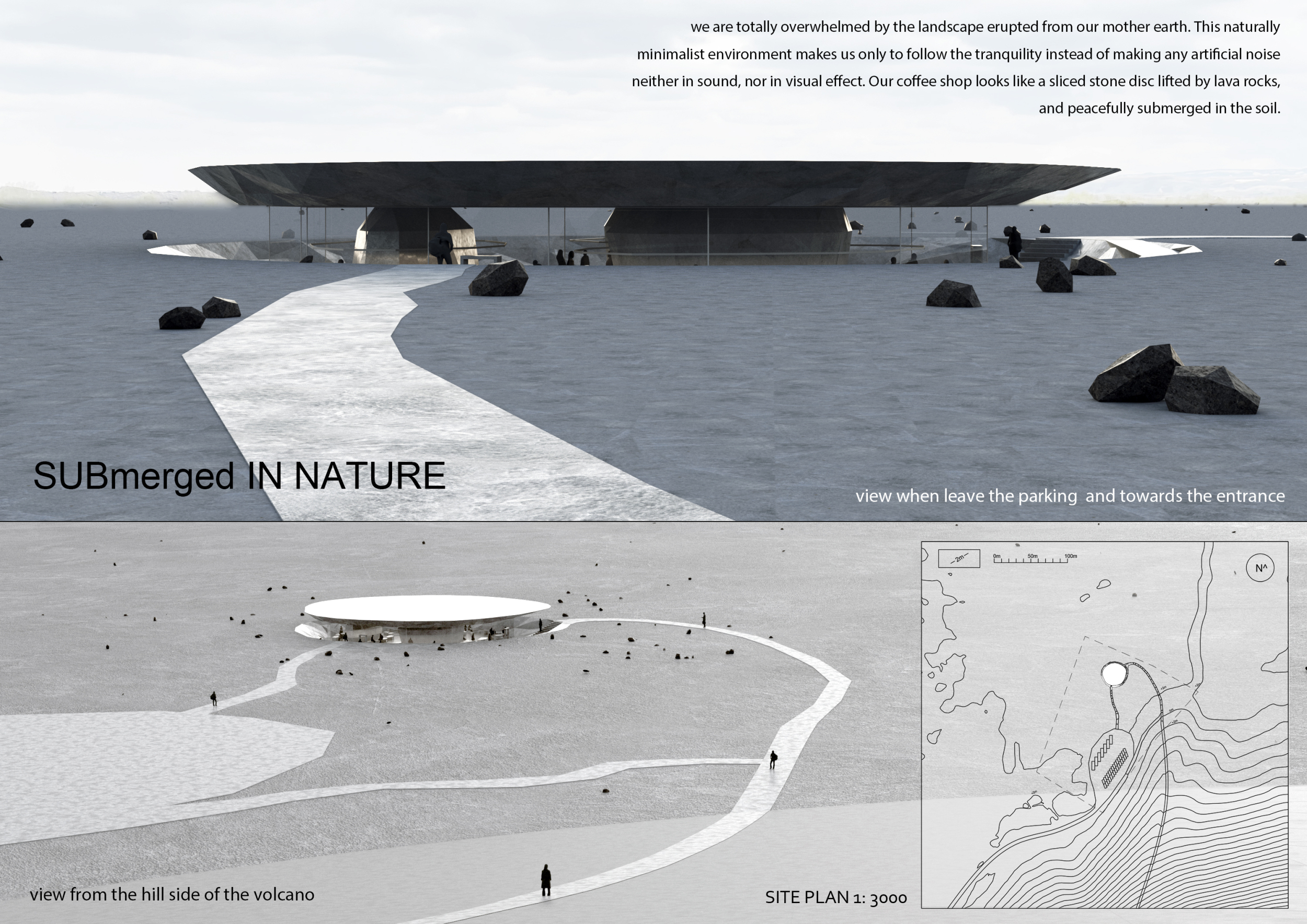 Architecture project // Sliced Stone Disc Elevated on Lava Rocks with ...