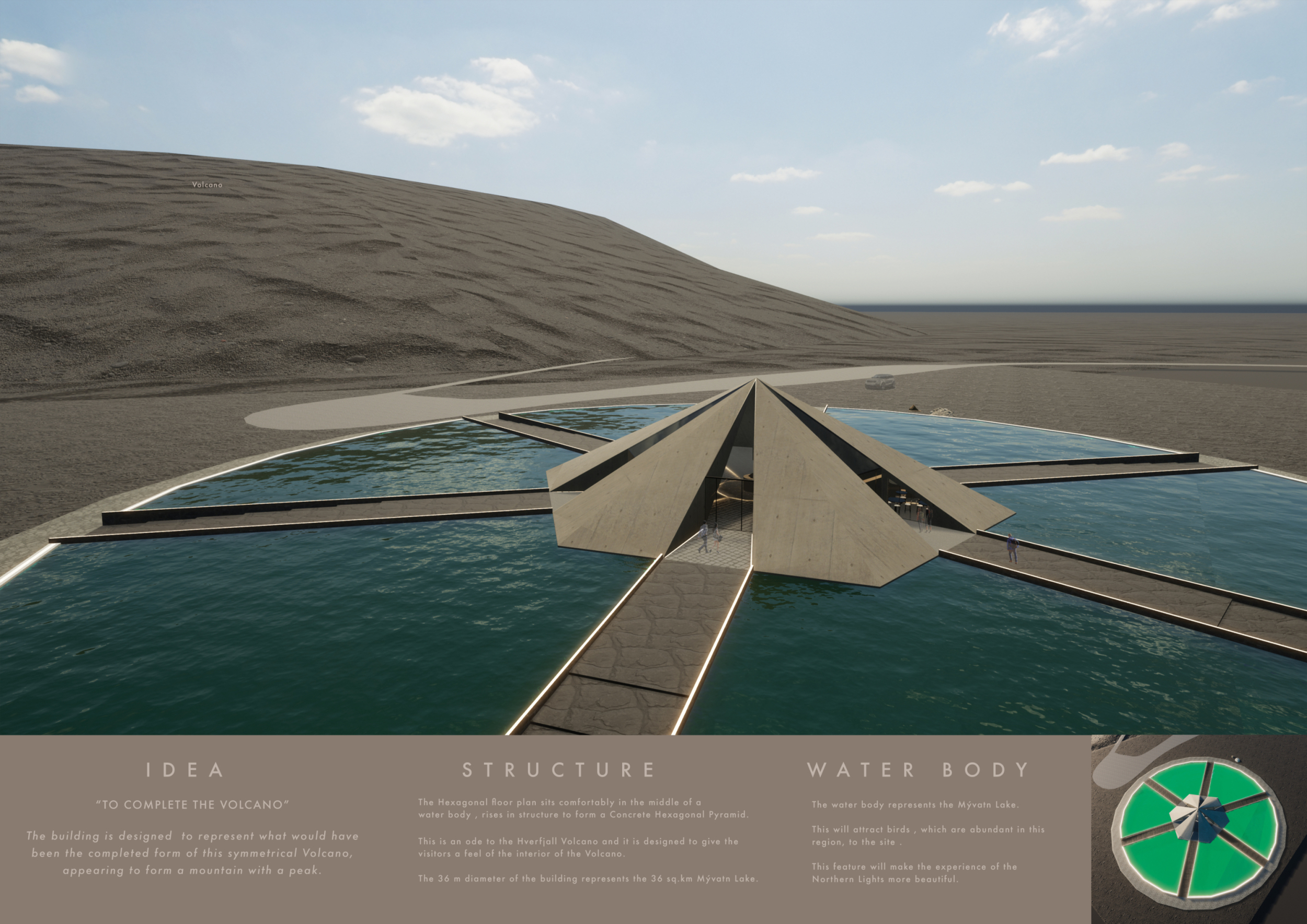 Architecture project // Concrete Pyramid Surrounded by Water Reflecting ...