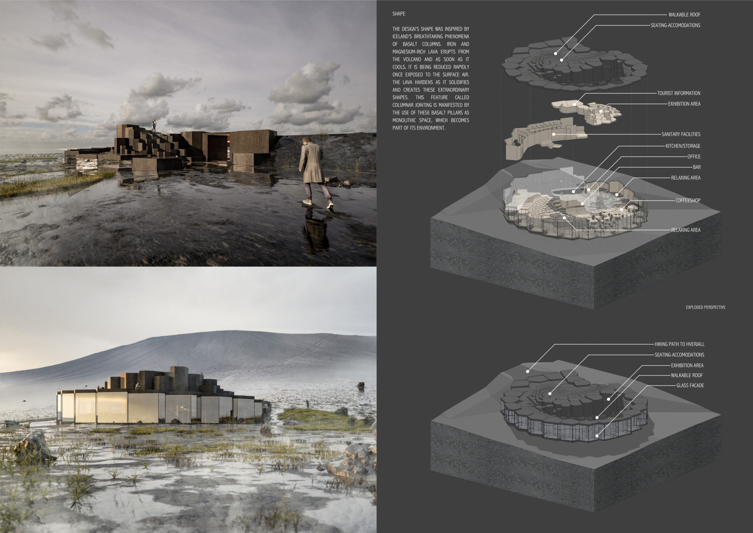 Architecture project // Basalt Pillars and Glass Facades at a Volcano Gateway