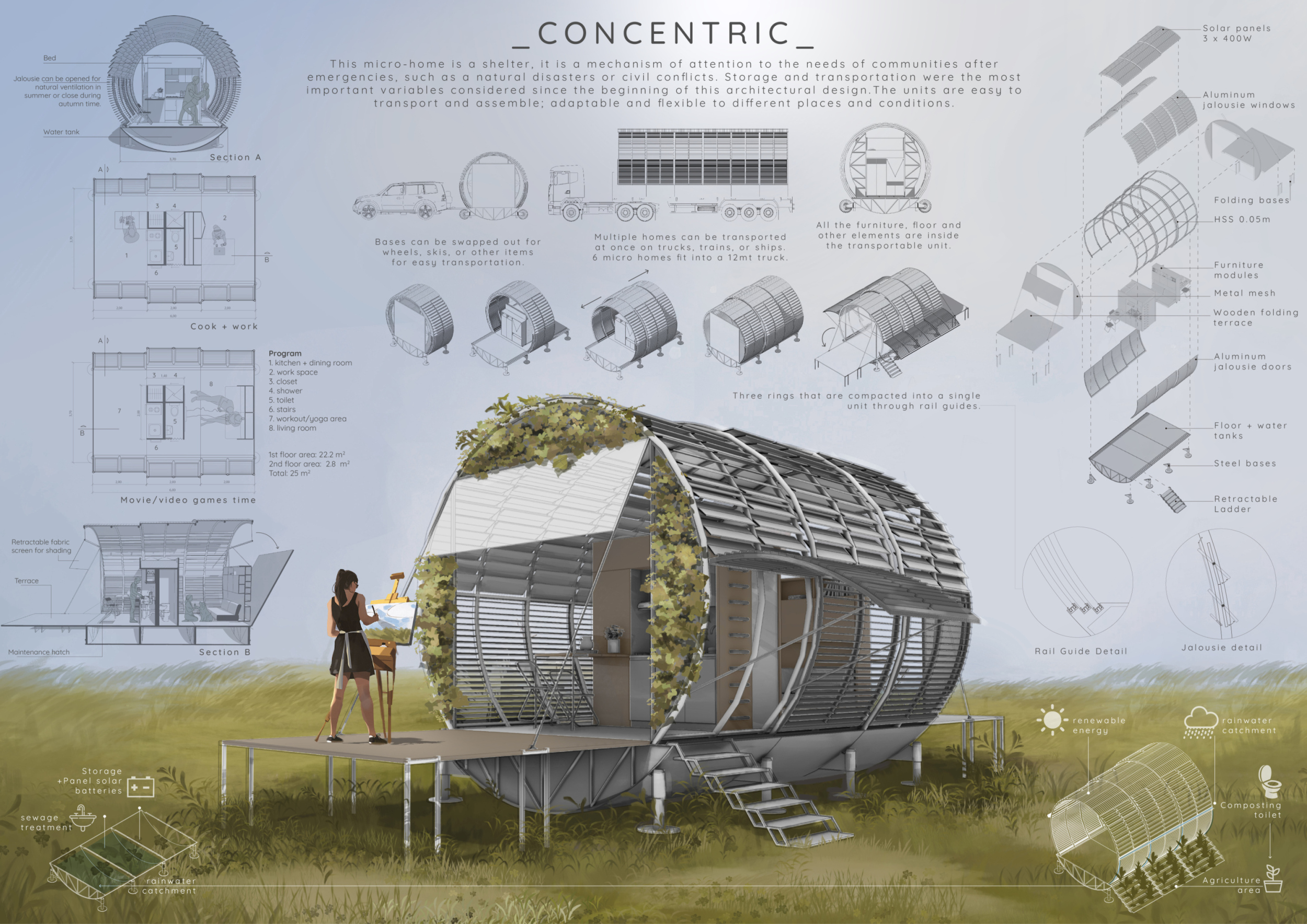 Architecture project // Solar-Powered Shelter with Jalousie Windows and ...