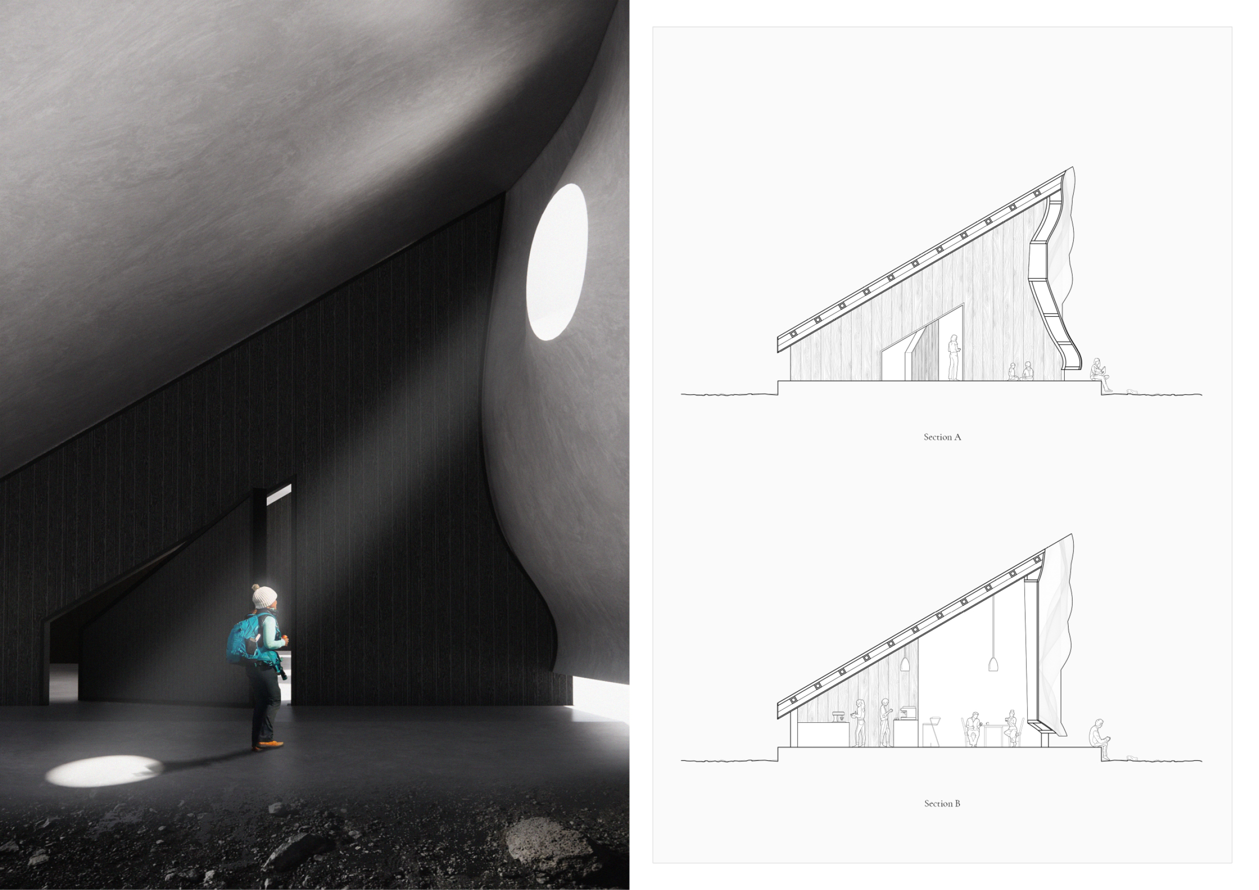 Architecture project // Floating Roof of Stainless Steel Framed by Dark ...