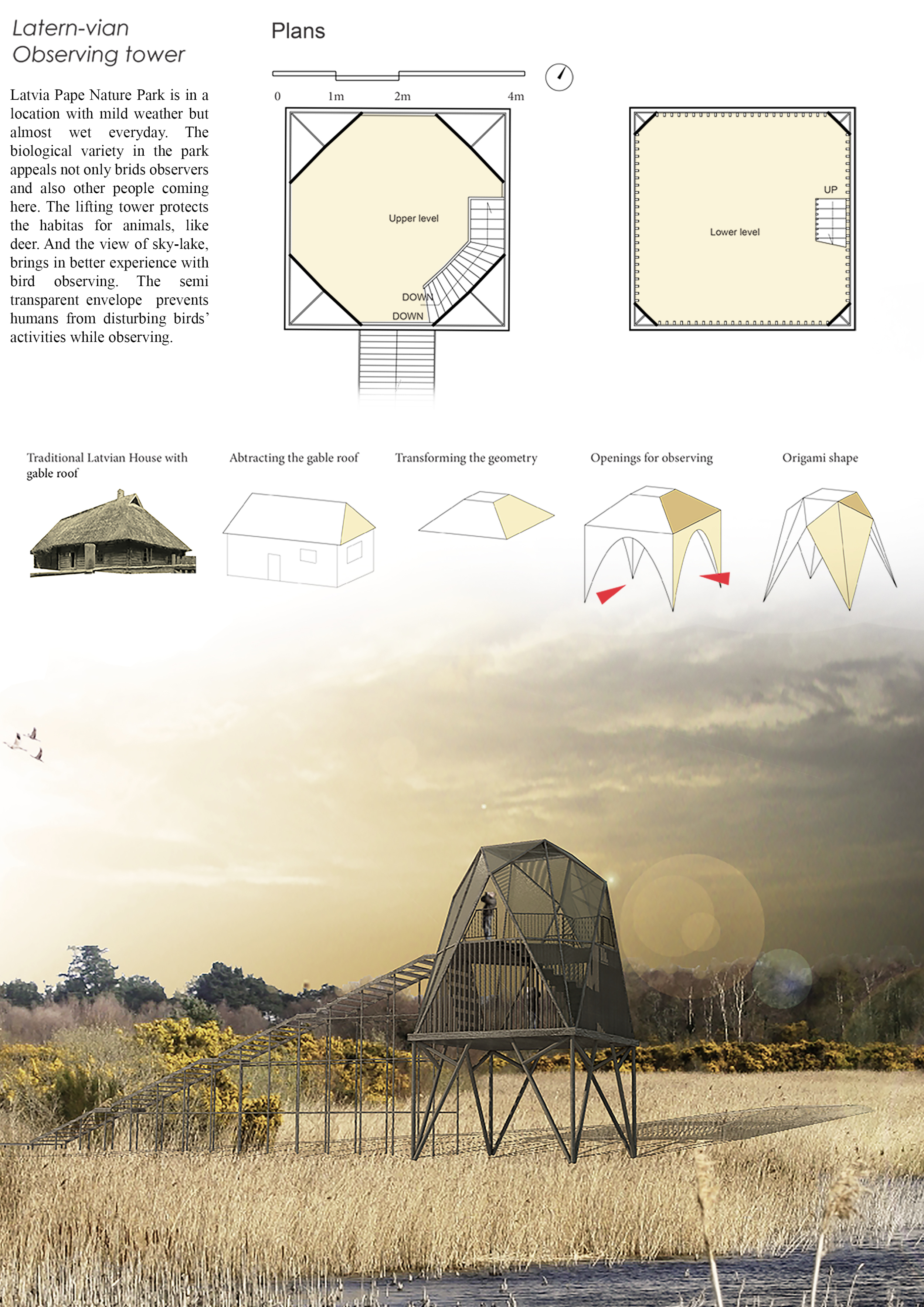 Architecture project // Elevated Observation Platform Crafted from Reeds and Steel Embracing ...
