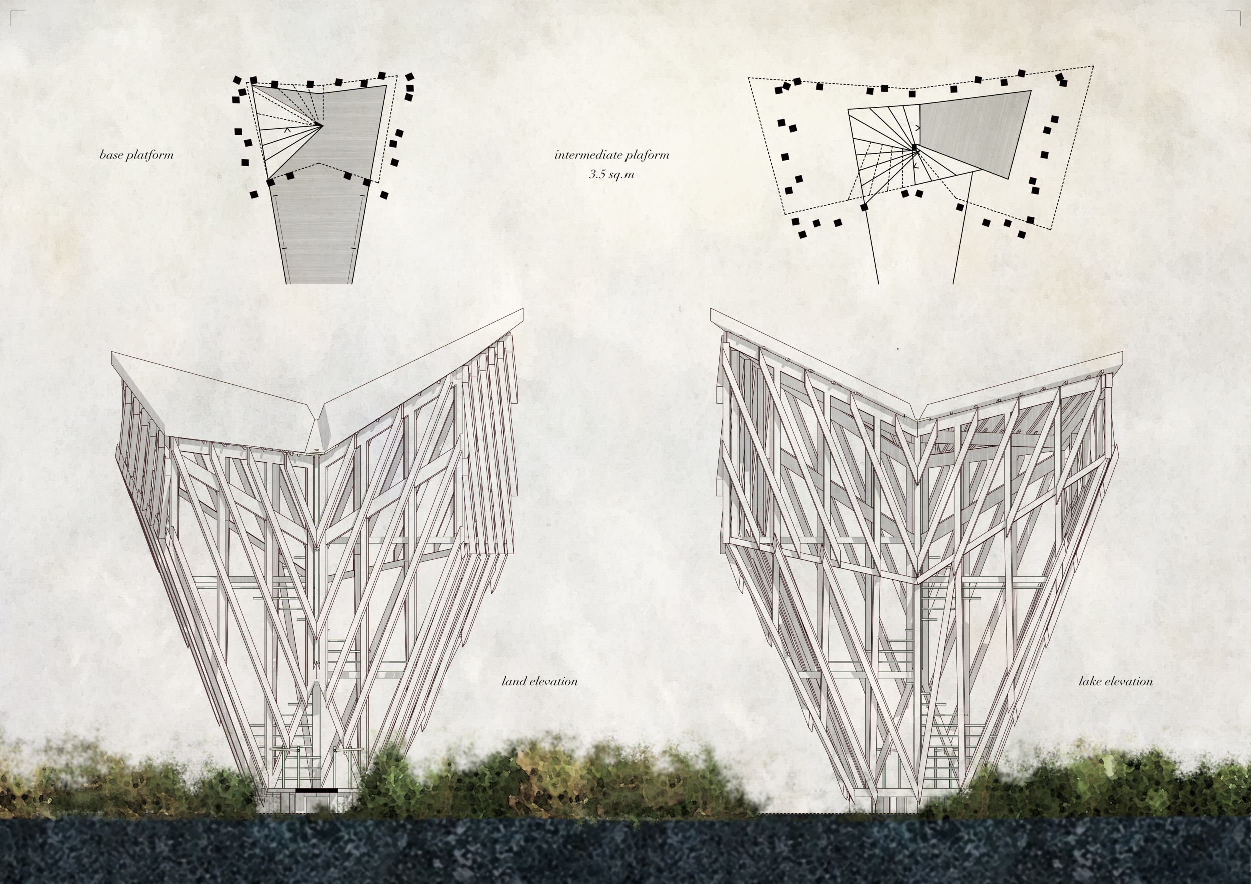 Architecture project // Bifurcating Profile Elevated Above Lake with ...