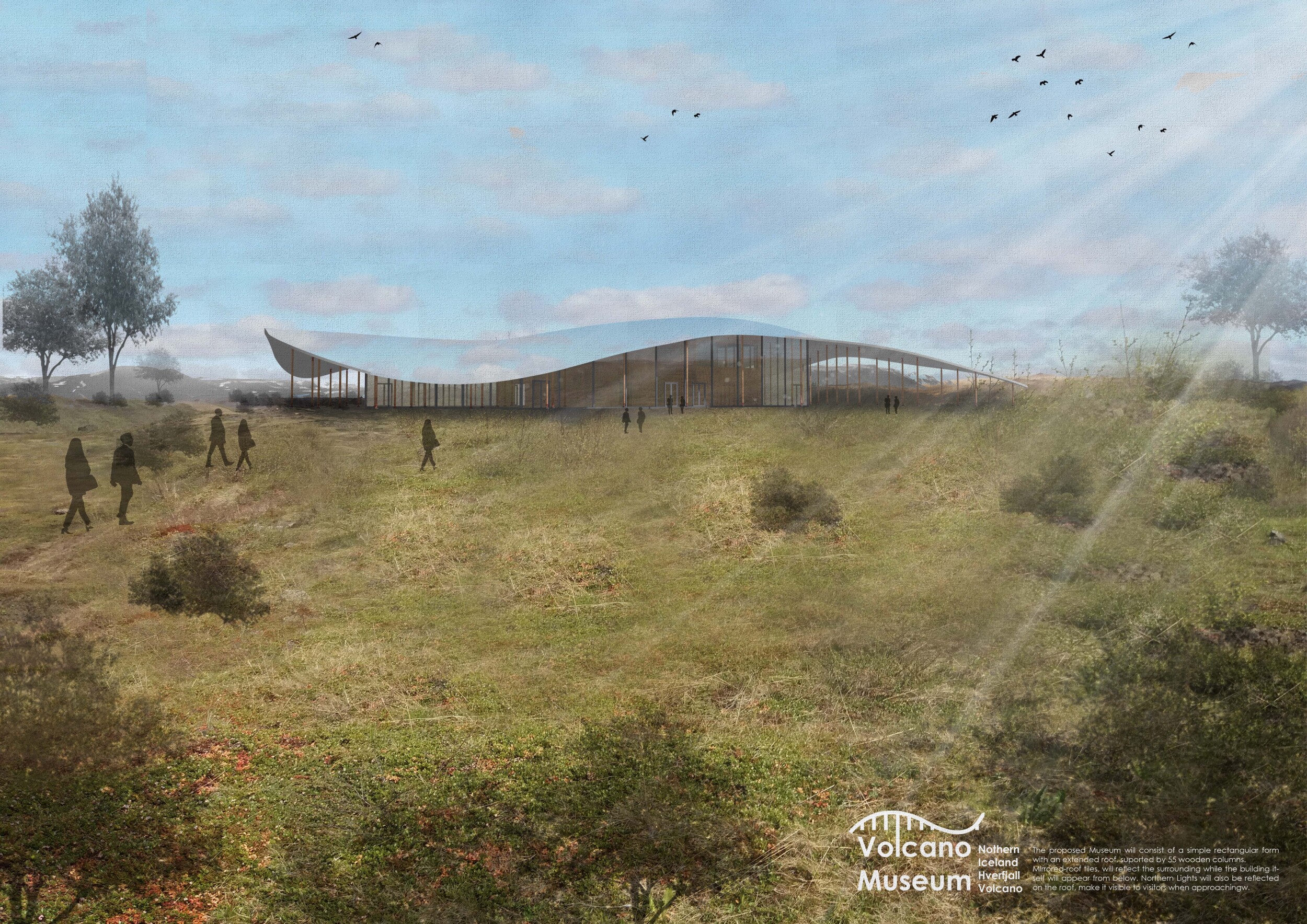 Architecture project // Reflective Roof and Wooden Columns in a Volcano ...