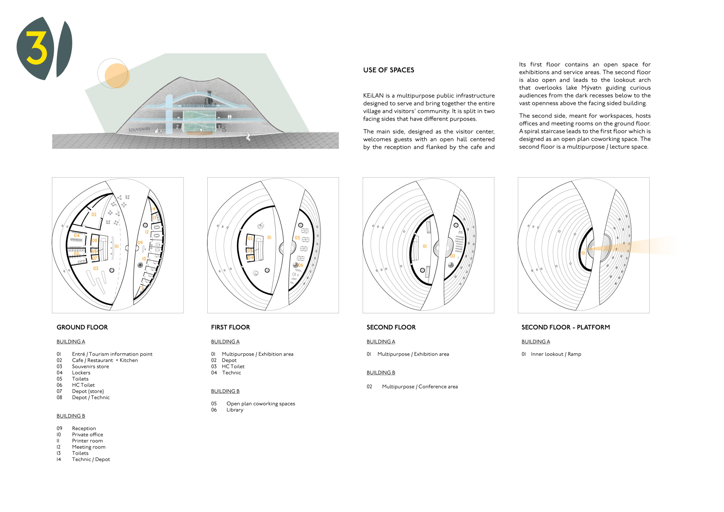 Architecture project // Volcanic Cone Form with Glass Façades and ...