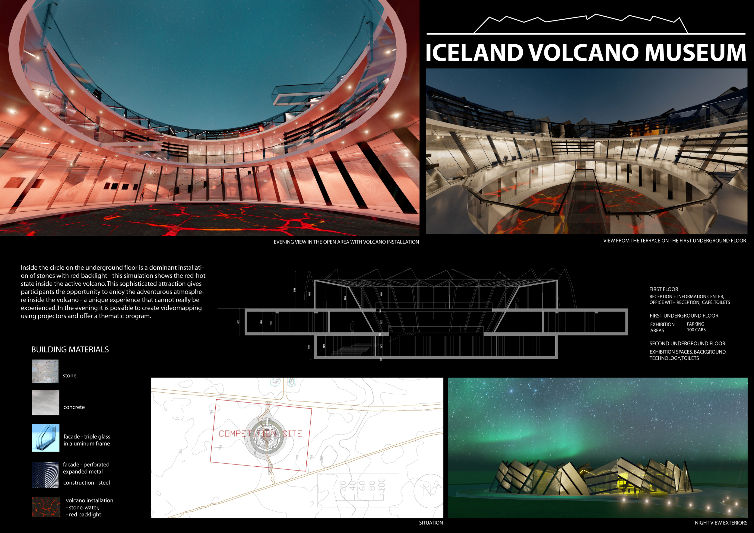 Architecture project // Backlit Volcanic Core in Concrete and Glass ...