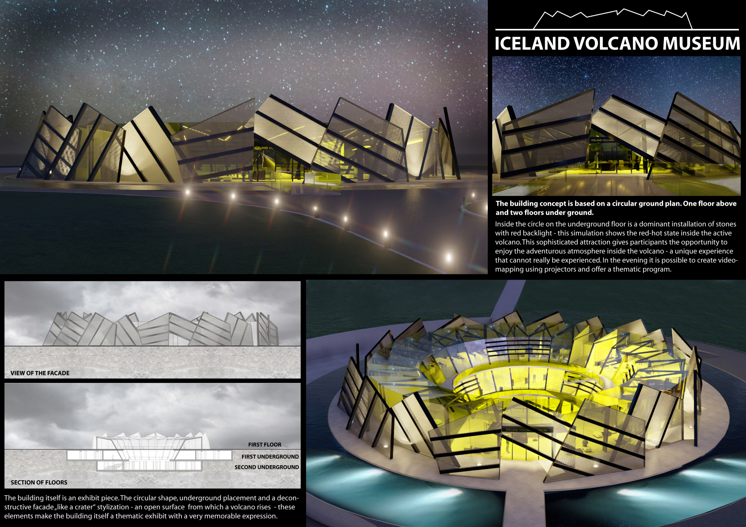 Architecture project // Backlit Volcanic Core in Concrete and Glass ...
