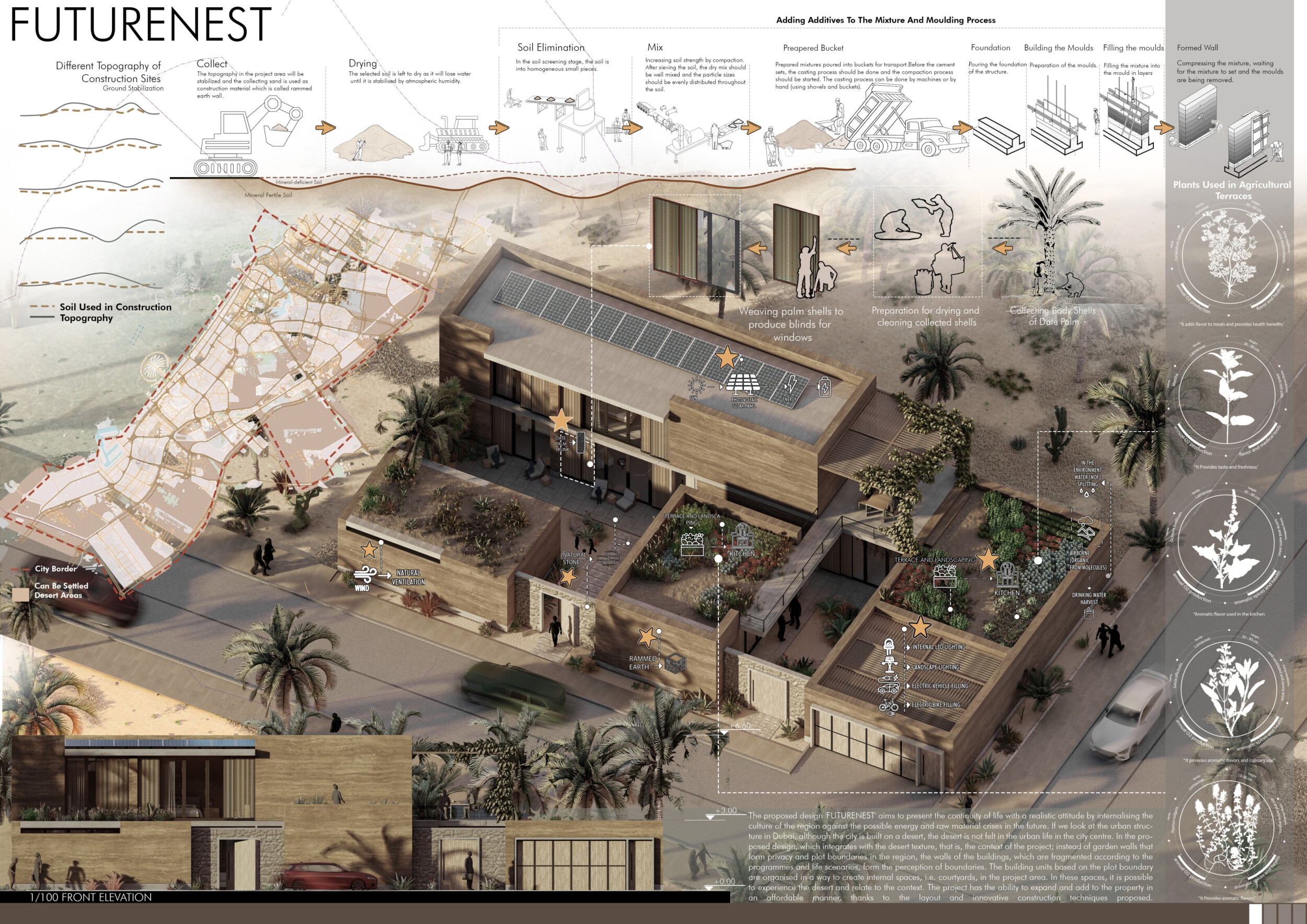 Architecture project // Compressed Earth and Palm Wood Harmony in ...